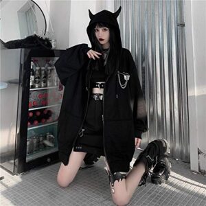 LAVASEON Women Oversized Devil Horns Butterfly Brooch Chain Hoodies Harajuku Goth Zip Sweatshirt Pullover Tops Black