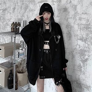 LAVASEON Women Oversized Devil Horns Butterfly Brooch Chain Hoodies Harajuku Goth Zip Sweatshirt Pullover Tops Black