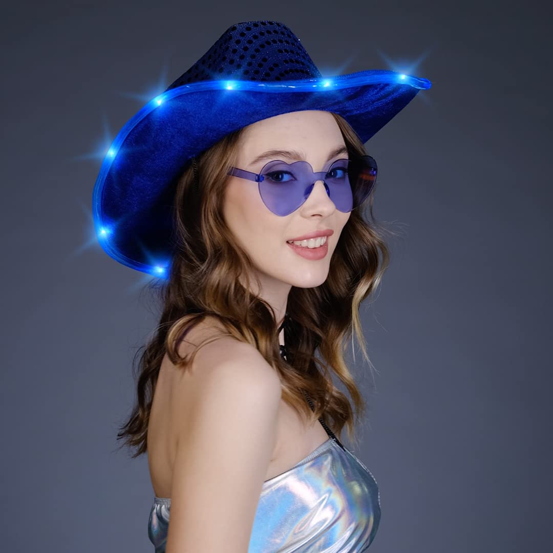 Funcredible Blue Light Up Cowboy Hat and Glasses - Sparkly Disco Cowgirl Hat - Sequin Cowboy Hat for Women - Cowgirl Costumes for Girls