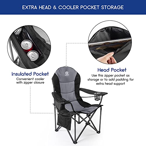 Coastrail Outdoor Camping Chair Oversized Padded Folding Quad Arm Chairs with Lumbar Back Support, Cooler Bag, Cup Holder & Side Pocket, Extra Head Pocket, Supports 400 lbs,Black