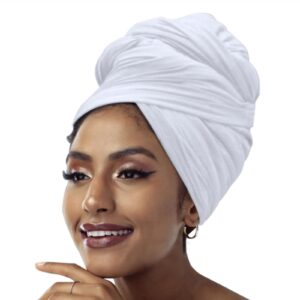 huachi black head wraps for women turban hair scarf african extra long stretch jersey summer breathable lightweight head band tie dreadlocks accessories (white)