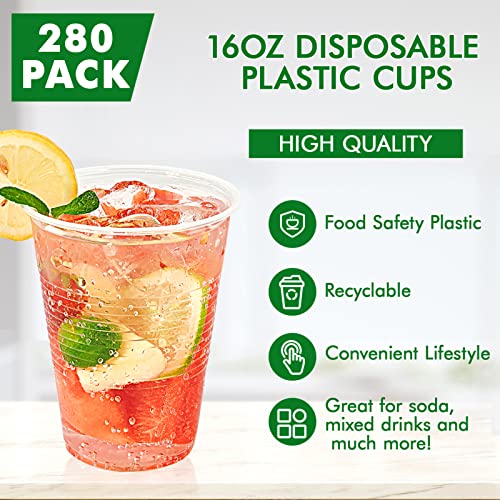 Turbo Bee 280 Pack 16oz Clear Disposable Plastic Cups,Cold/Hot Drinking Cups,Transparent Plastic Party Container for Water, Iced Cold Coffee, Juice, Soda