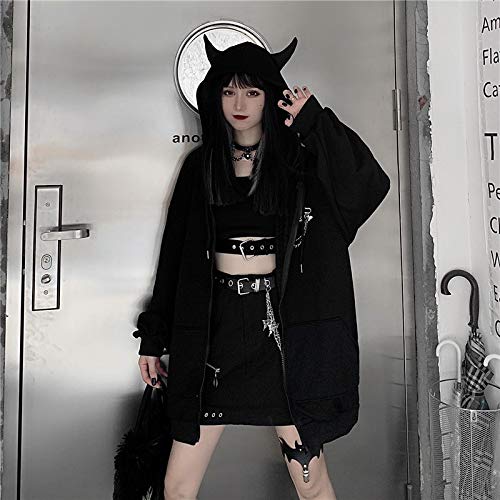 LAVASEON Women Oversized Devil Horns Butterfly Brooch Chain Hoodies Harajuku Goth Zip Sweatshirt Pullover Tops Black