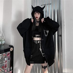 LAVASEON Women Oversized Devil Horns Butterfly Brooch Chain Hoodies Harajuku Goth Zip Sweatshirt Pullover Tops Black