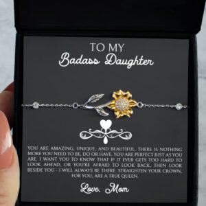 Proud Gifts Badass Daughter Bracelet From Mom, To My Badass Daughter Bracelet, You are Amazing, Birthday Daughter 925 Sterling Silver Bracelet with 14k Gold Sunflower Charm From Mother