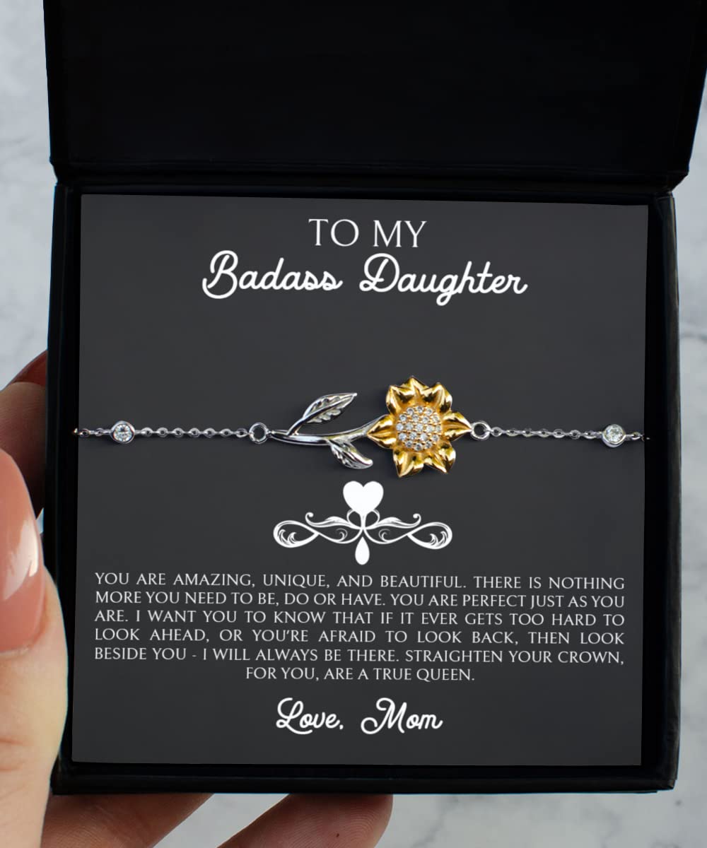 Proud Gifts Badass Daughter Bracelet From Mom, To My Badass Daughter Bracelet, You are Amazing, Birthday Daughter 925 Sterling Silver Bracelet with 14k Gold Sunflower Charm From Mother