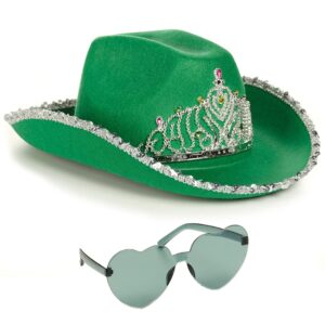 funcredible green cowboy hat and glasses - preppy cowgirl hat with tiara - sparkly cowboy hat - cowgirl outfit accessories for women and girls