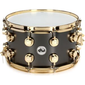 dw collector's series metal snare drum - 8 inch x 14 inch, satin black over brass - gold hardware