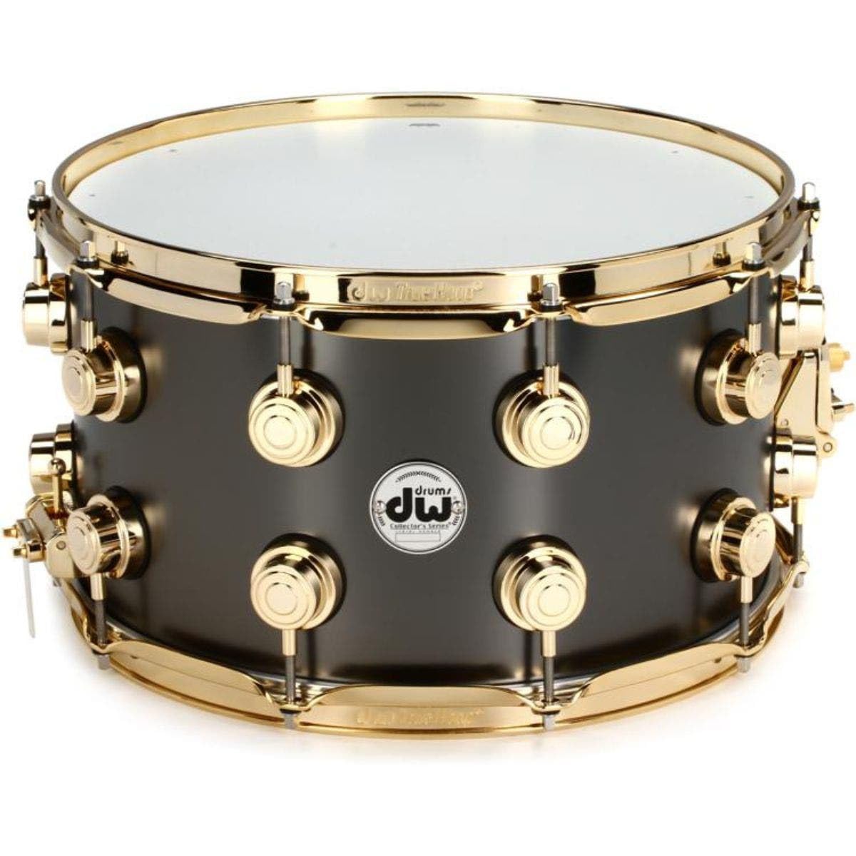 DW Collector's Series Metal Snare Drum - 8 inch x 14 inch, Satin Black Over Brass - Gold Hardware