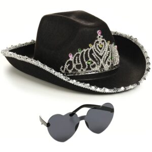 funcredible black cowboy hat and glasses - preppy cowgirl hat with tiara - sparkly cowboy hat - cowgirl costume accessories for women and girls