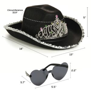 Funcredible Black Cowboy Hat and Glasses - Preppy Cowgirl Hat with Tiara - Sparkly Cowboy Hat - Cowgirl Costume Accessories for Women and Girls