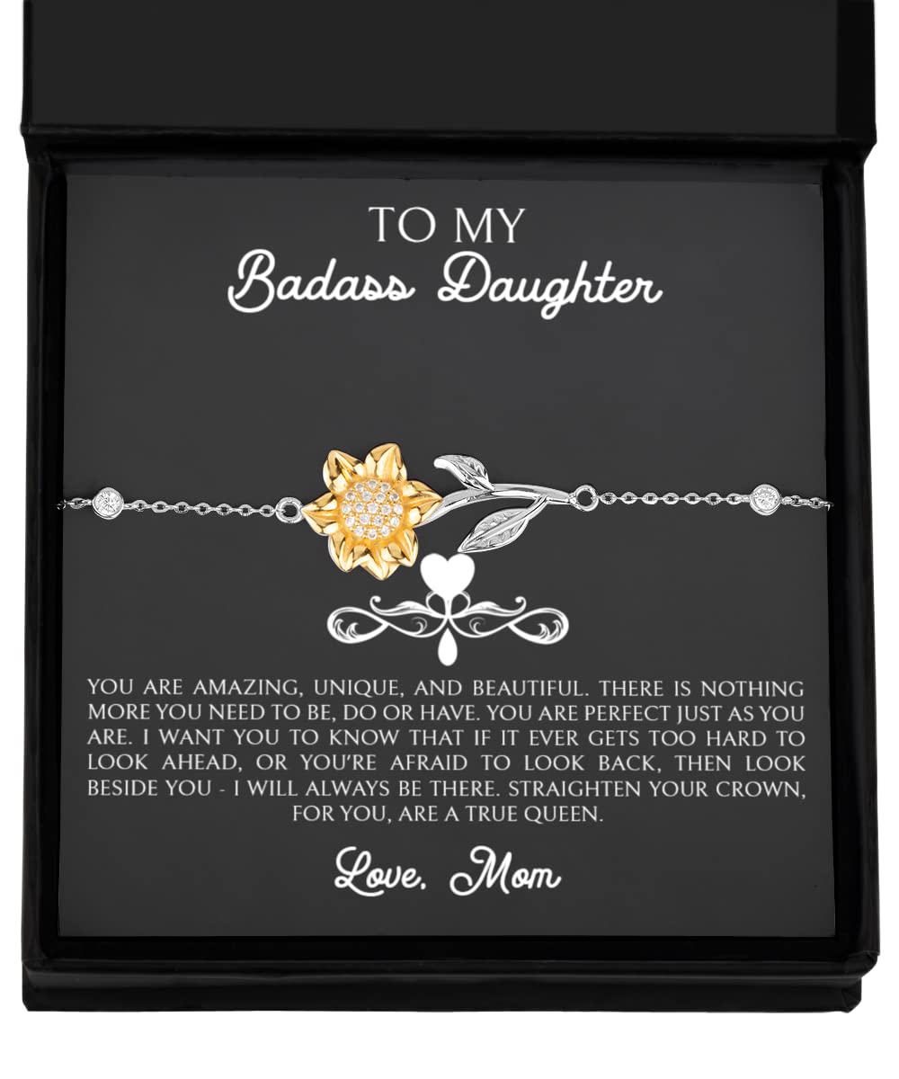 Proud Gifts Badass Daughter Bracelet From Mom, To My Badass Daughter Bracelet, You are Amazing, Birthday Daughter 925 Sterling Silver Bracelet with 14k Gold Sunflower Charm From Mother