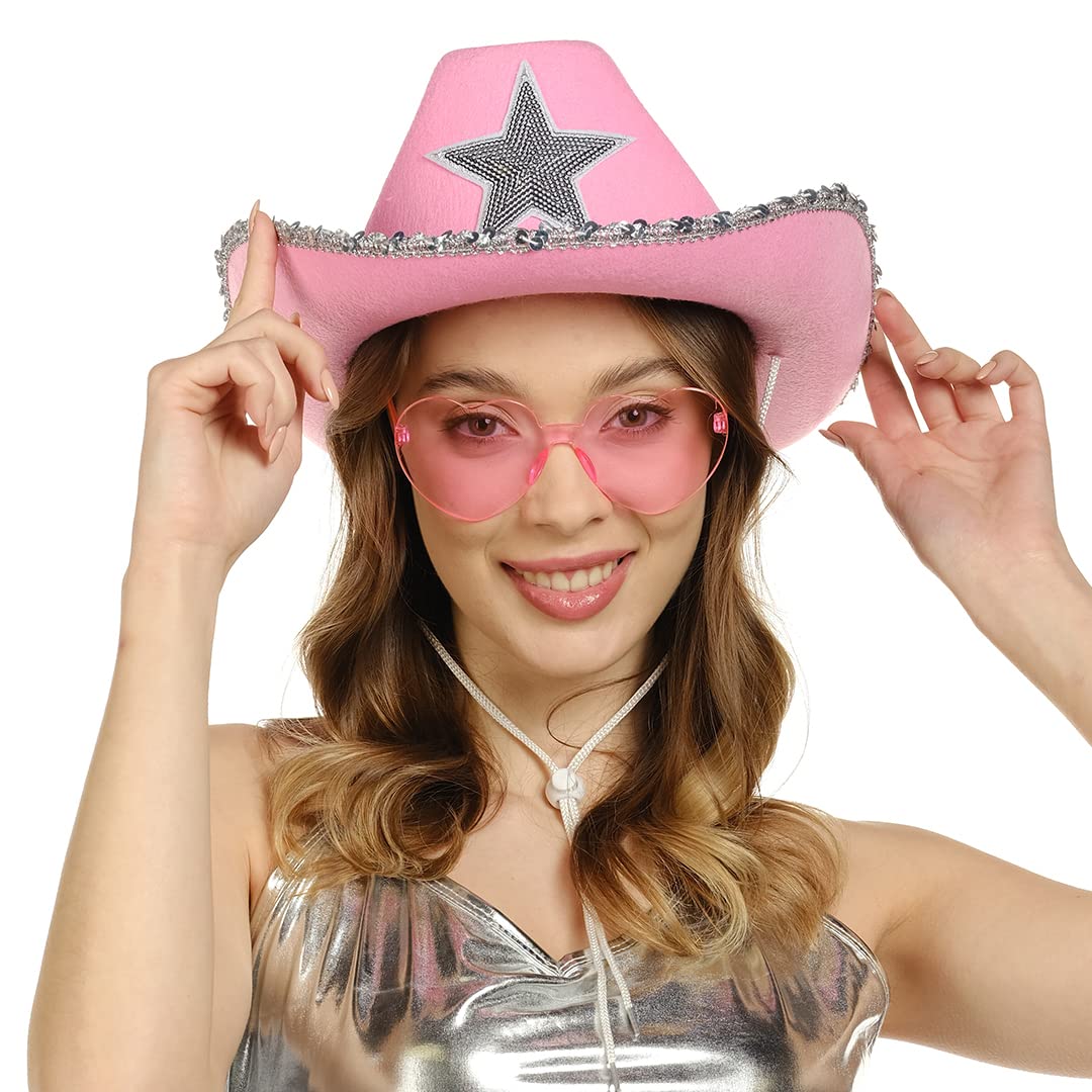 Funcredible Pink Cowboy Hat and Glasses - Preppy Cowgirl Hat with Star - Sparkly Cowboy Hat - Cowgirl Outfit Accessories for Women and Girls