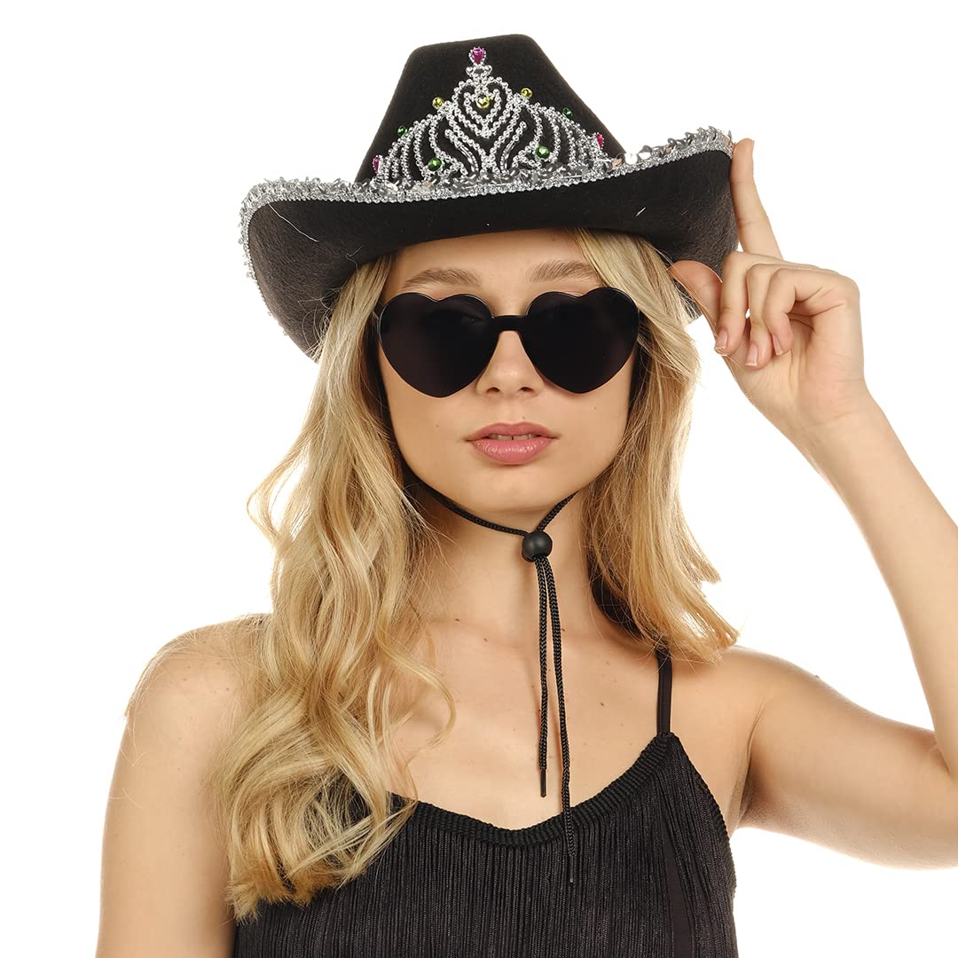 Funcredible Black Cowboy Hat and Glasses - Preppy Cowgirl Hat with Tiara - Sparkly Cowboy Hat - Cowgirl Costume Accessories for Women and Girls