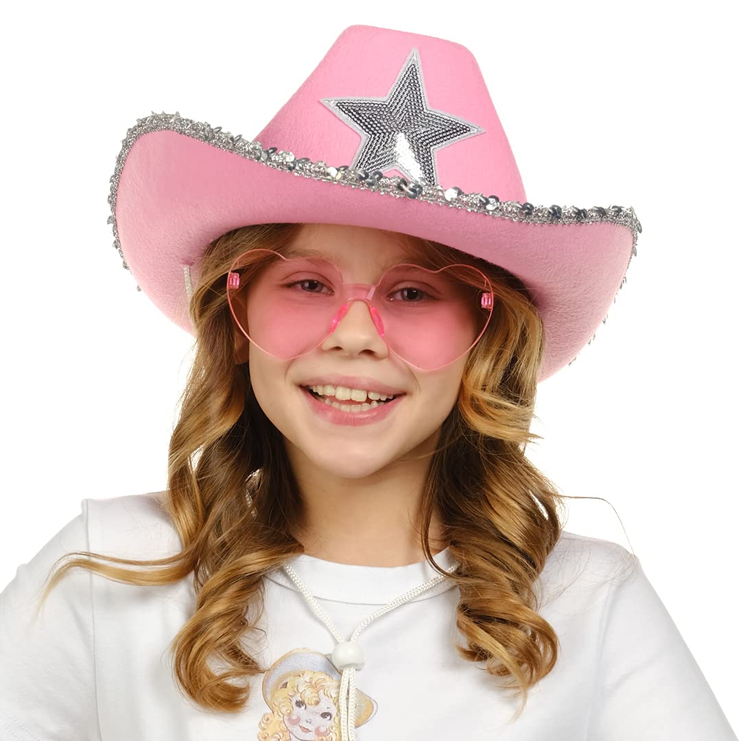 Funcredible Pink Cowboy Hat and Glasses - Preppy Cowgirl Hat with Star - Sparkly Cowboy Hat - Cowgirl Outfit Accessories for Women and Girls