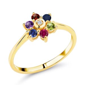 gem stone king 10k yellow gold customized and personalized 7-stone round gemstone birthstone and white diamond flower ring for women (size 6)