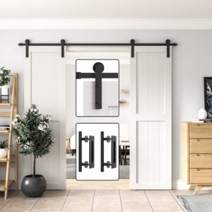 winsoon sliding barn door hardware double door 12ft track kit with 2pcs 12 inch sliding barn door handles black hardware with pull and flush barn door handle set