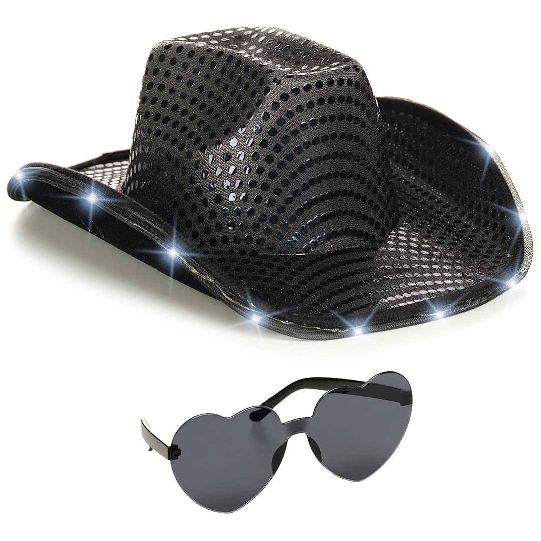 Funcredible Black Light Up Cowboy Hat and Glasses - Sparkly Disco Cowgirl Hat - Sequin Cowboy Hat for Women - Cowgirl Costumes for Girls