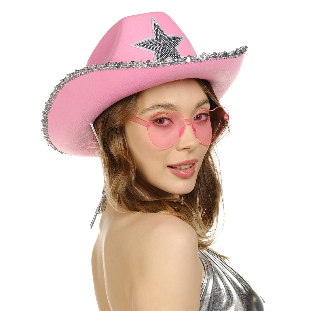 Funcredible Pink Cowboy Hat and Glasses - Preppy Cowgirl Hat with Star - Sparkly Cowboy Hat - Cowgirl Outfit Accessories for Women and Girls