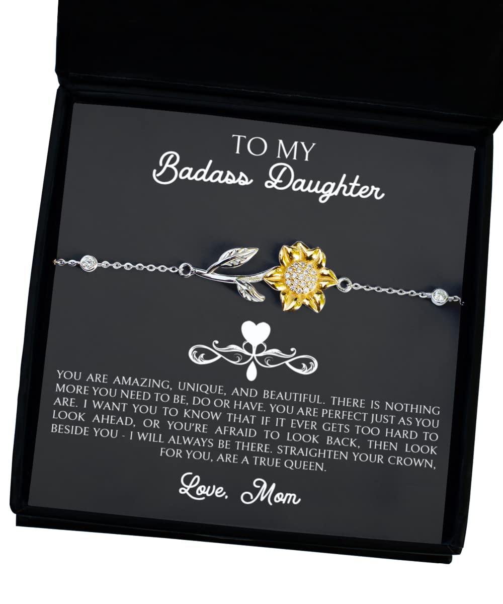 Proud Gifts Badass Daughter Bracelet From Mom, To My Badass Daughter Bracelet, You are Amazing, Birthday Daughter 925 Sterling Silver Bracelet with 14k Gold Sunflower Charm From Mother