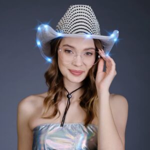 Funcredible White Light Up Cowboy Hat and Glasses - Sparkly Disco Cowgirl Hat - Sequin Cowboy Hat for Women - Cowgirl Costumes for Girls