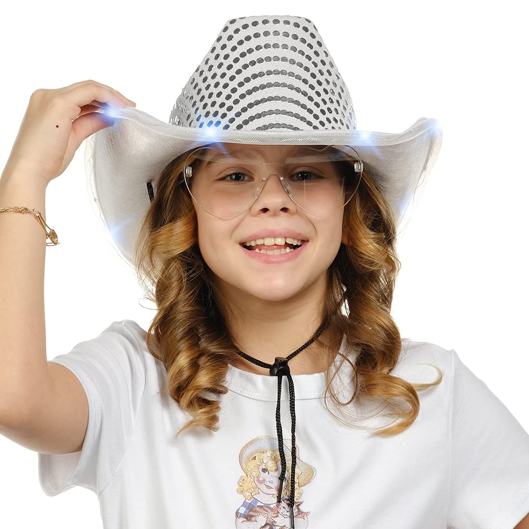 Funcredible White Light Up Cowboy Hat and Glasses - Sparkly Disco Cowgirl Hat - Sequin Cowboy Hat for Women - Cowgirl Costumes for Girls