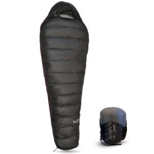 nz 20f mummy 850 power down fill ultralight sleeping bag. premium lightweight quality materials with full hood, compression carrying bag and mesh storage sack. short length.