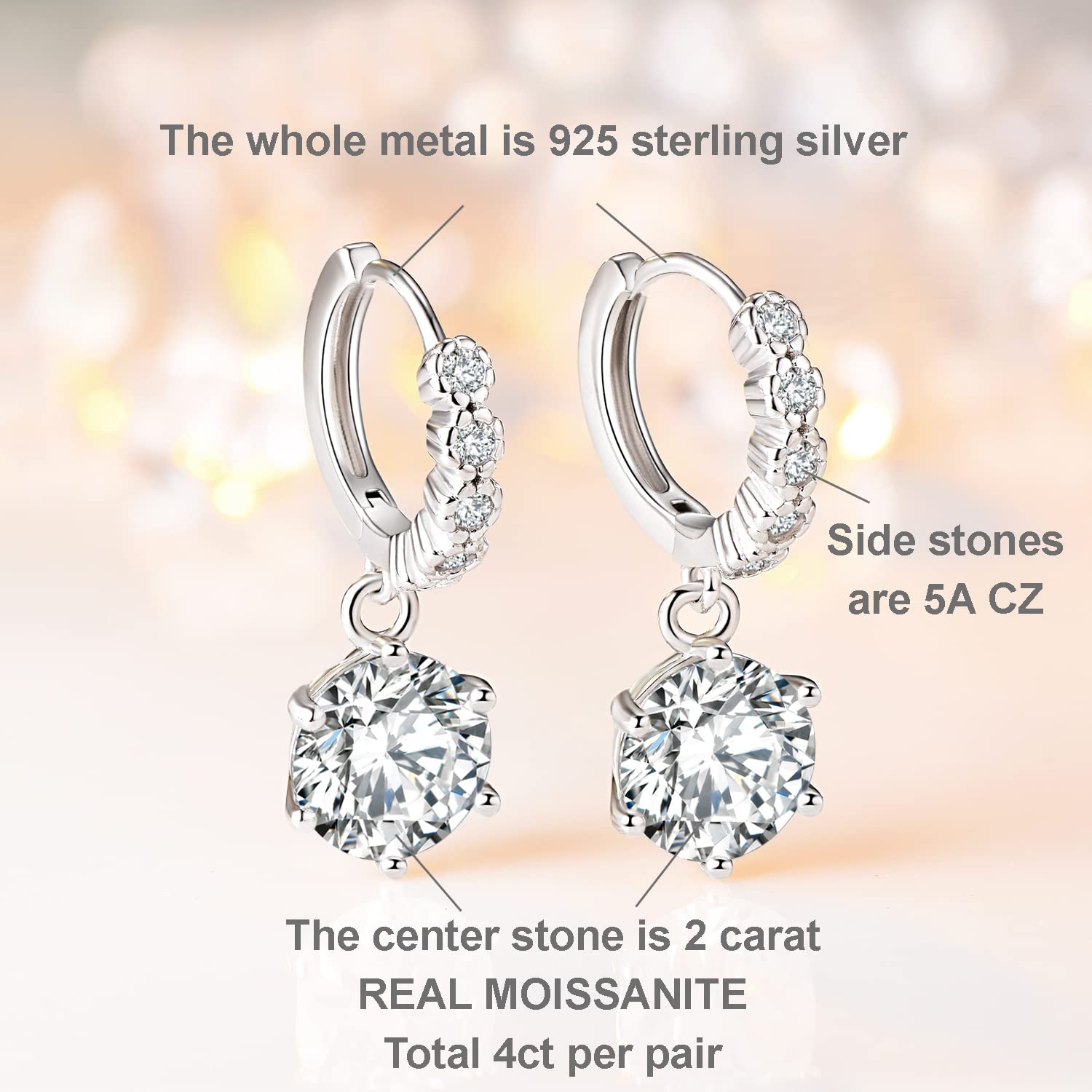 2-6CT Moissanite Hoop Earrings for Women, 6P D Color Ideal Cut 925 Sterling Silver Simulated Diamond Dangle Earrings with Certificate of Authenticity (4CT)