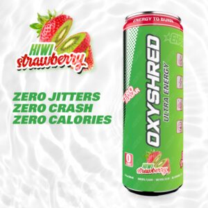 EHP Labs OxyShred Healthy Energy Drink - Zero Sugar Energy Drinks with Amino Acids, Green Tea Extract, Vitamin C & L Carnitine - Zero Carbs, Zero Calories, Clean Caffeine, Kiwi Strawberry (12-Pack)