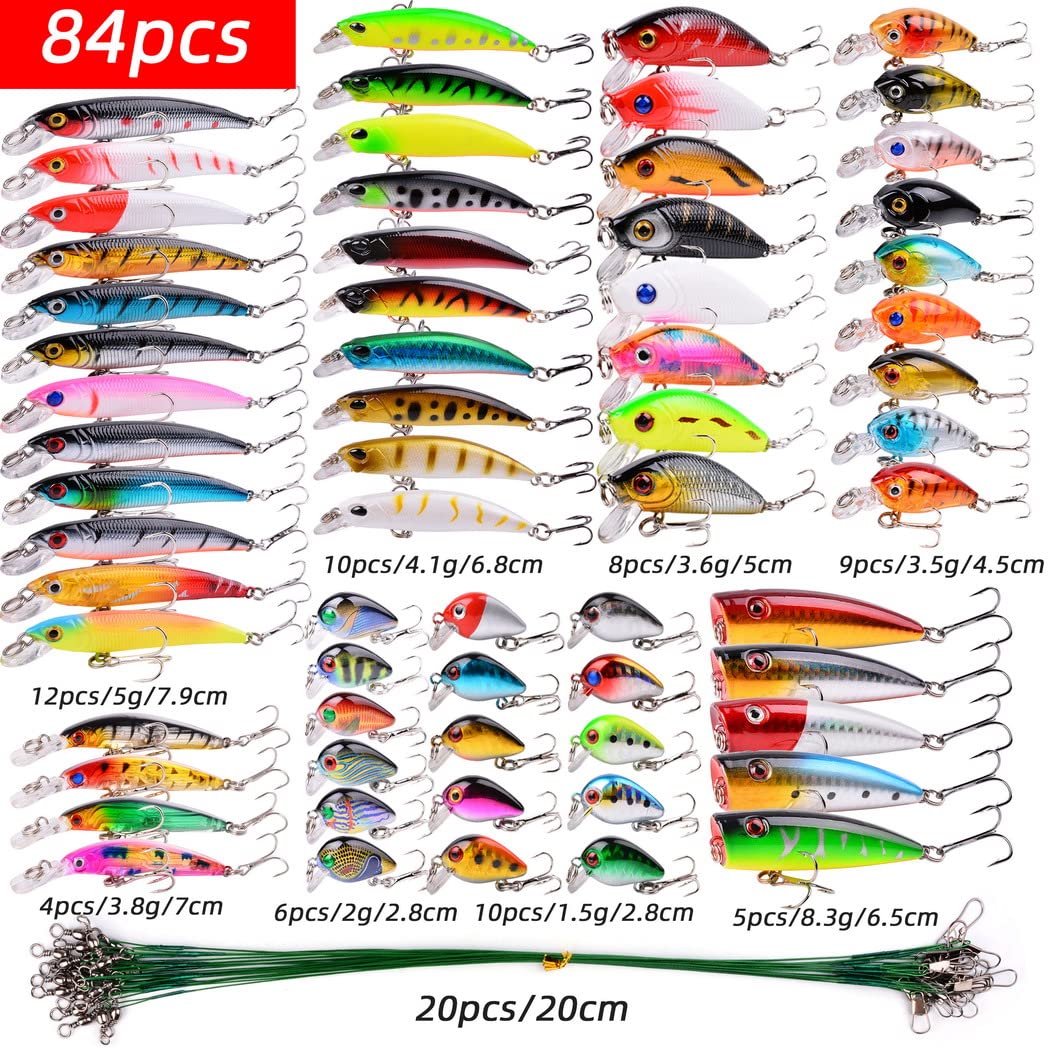 Aorace 84pcs Fishing Lures Set Metal Jigging Spoon Hard Baits Minnow Crankbait VIB Swimbait for Bass Pike Fit Saltwater and Freshwater