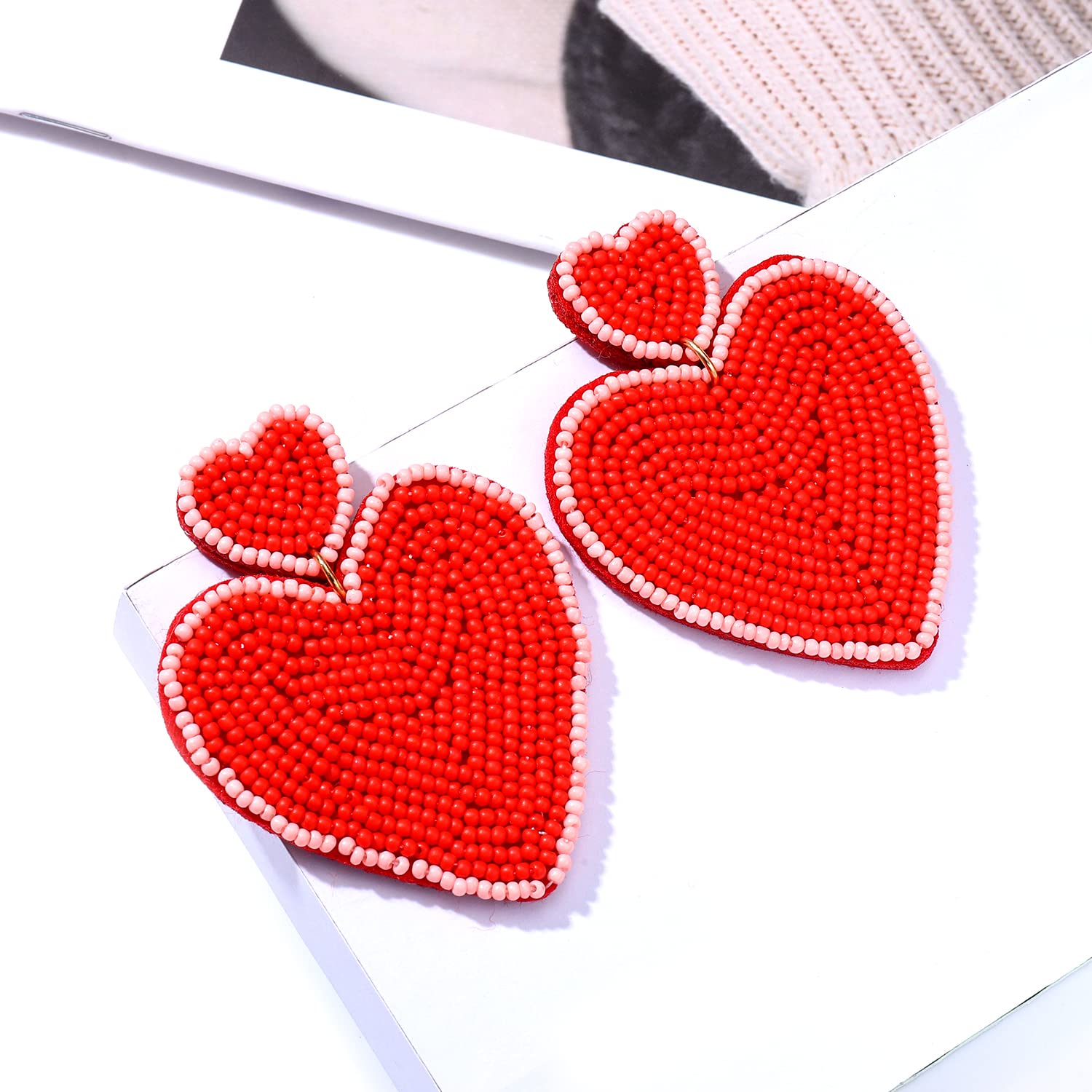 Heart Earrings for Women Hypoallergenic Beaded Statement Dangle Earrings Boho Handmade Red Love Heart Bead Drop Dangling Earrings Valentine’s Day Earrings Jewelry Gift