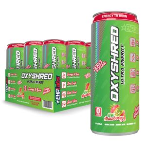 ehp labs oxyshred healthy energy drink - zero sugar energy drinks with amino acids, green tea extract, vitamin c & l carnitine - zero carbs, zero calories, clean caffeine, kiwi strawberry (12-pack)