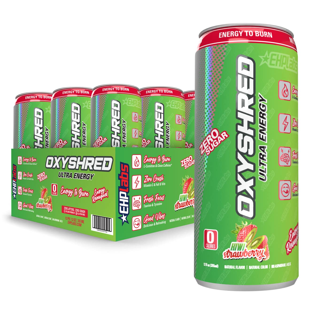 EHP Labs OxyShred Healthy Energy Drink - Zero Sugar Energy Drinks with Amino Acids, Green Tea Extract, Vitamin C & L Carnitine - Zero Carbs, Zero Calories, Clean Caffeine, Kiwi Strawberry (12-Pack)