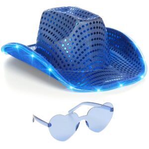 funcredible blue light up cowboy hat and glasses - sparkly disco cowgirl hat - sequin cowboy hat for women - cowgirl costumes for girls