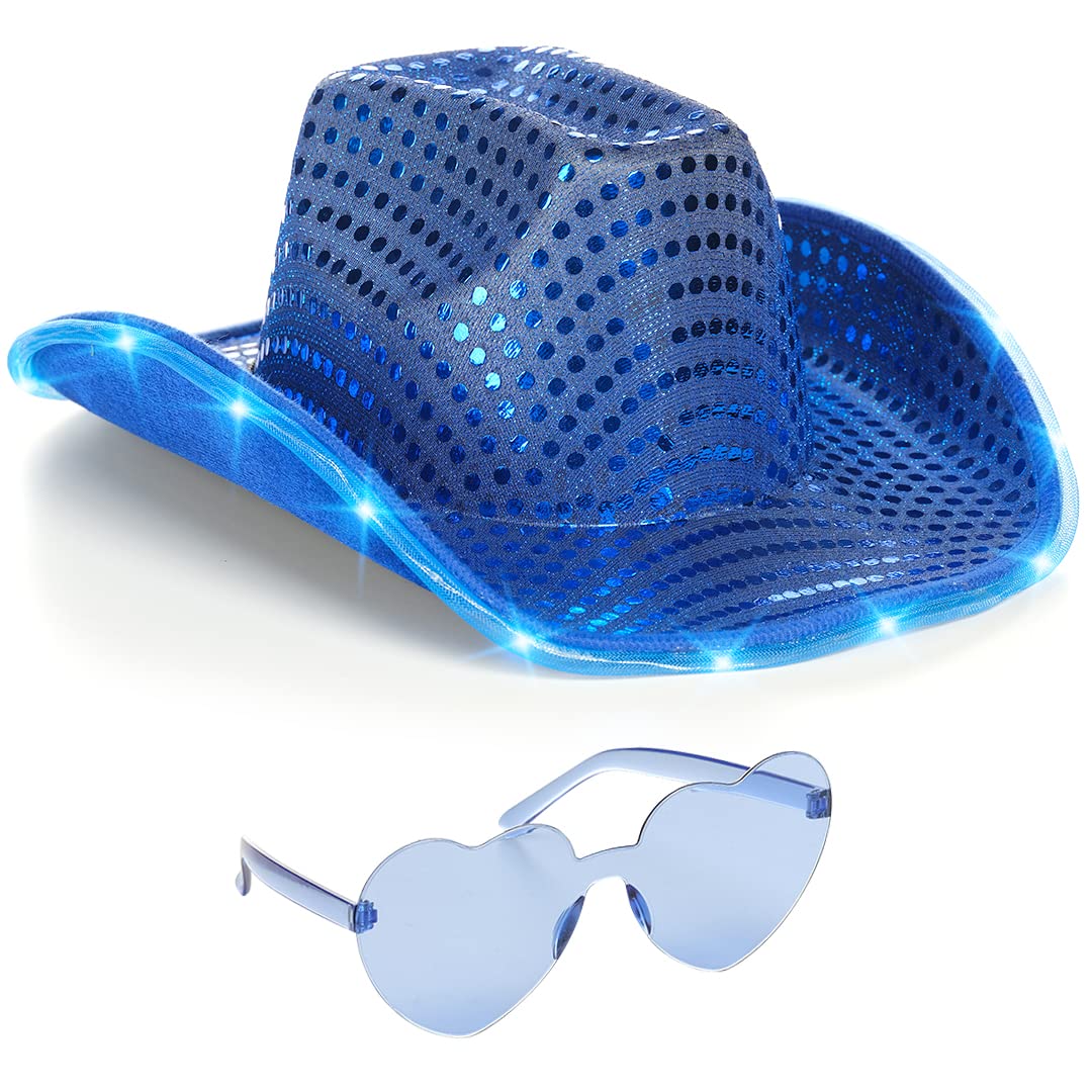 Funcredible Blue Light Up Cowboy Hat and Glasses - Sparkly Disco Cowgirl Hat - Sequin Cowboy Hat for Women - Cowgirl Costumes for Girls