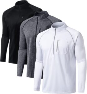 athlio men's long sleeve athletic shirts - quick dry, uv sun protection, 1/4 zip pullover running tops, 3-pack black/carbon grey/white, large