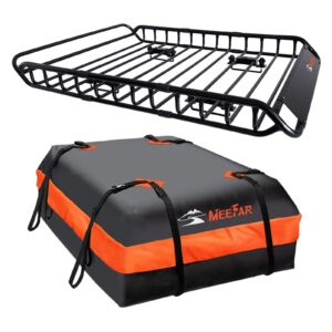 meefar roof rack carrier basket universal rooftop 51" x 36" x 5" + waterproof bag 15 cubic feet (44" 34" 17"), and cargo net with attachment hooks, ratchet straps