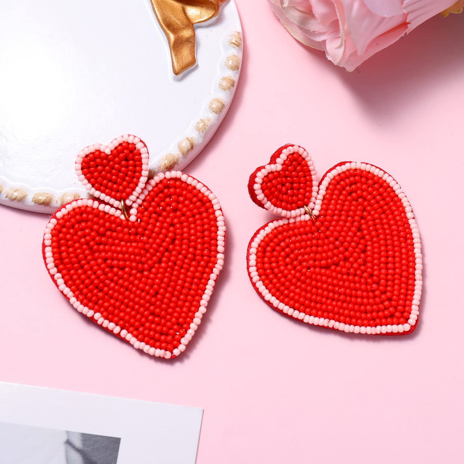 Heart Earrings for Women Hypoallergenic Beaded Statement Dangle Earrings Boho Handmade Red Love Heart Bead Drop Dangling Earrings Valentine’s Day Earrings Jewelry Gift