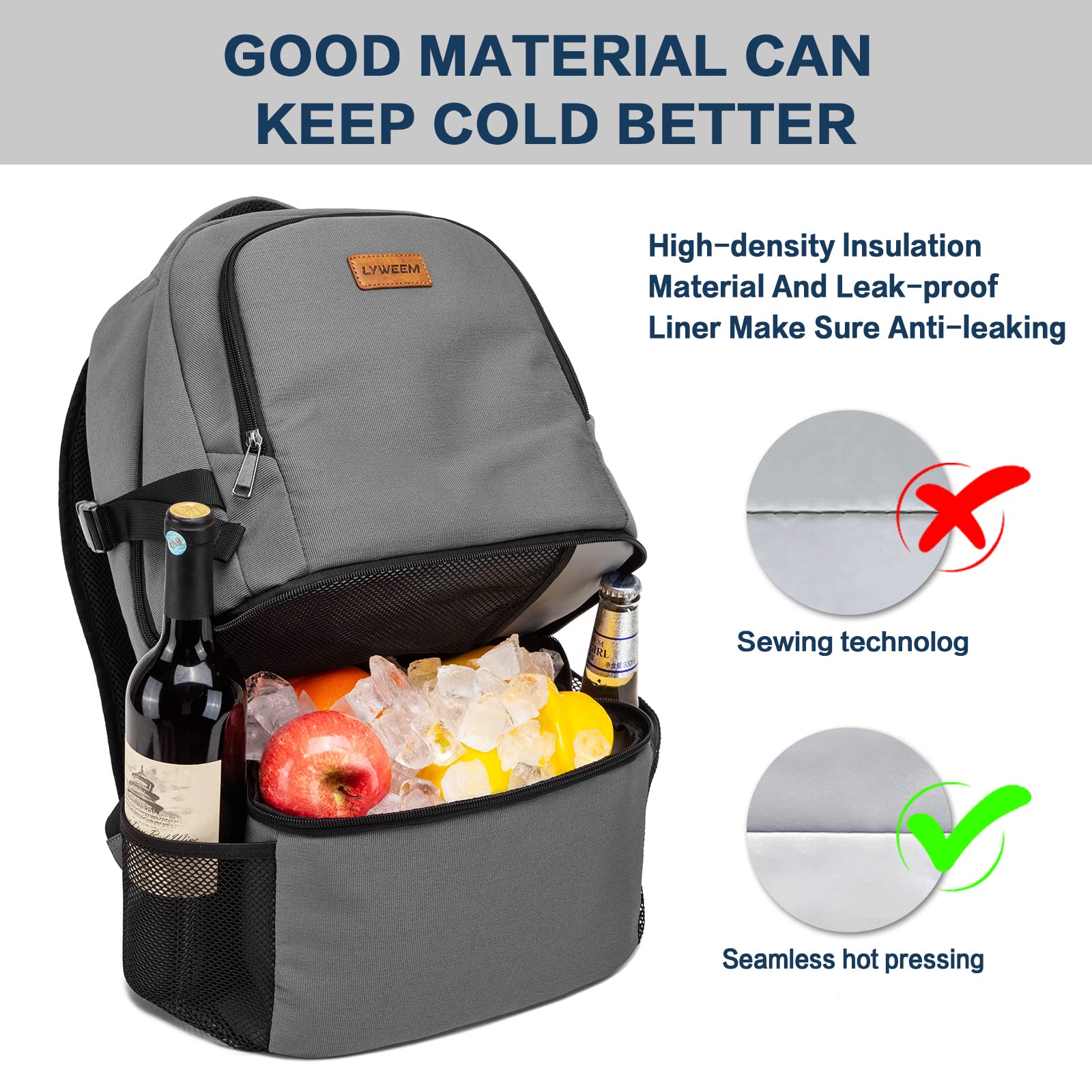 Lyweem Cooler Backpack Insulated Leak Proof 38 Cans Lightweight Lunch Backpack Cooler for Men Women Small Soft Cooler Bag, Grey