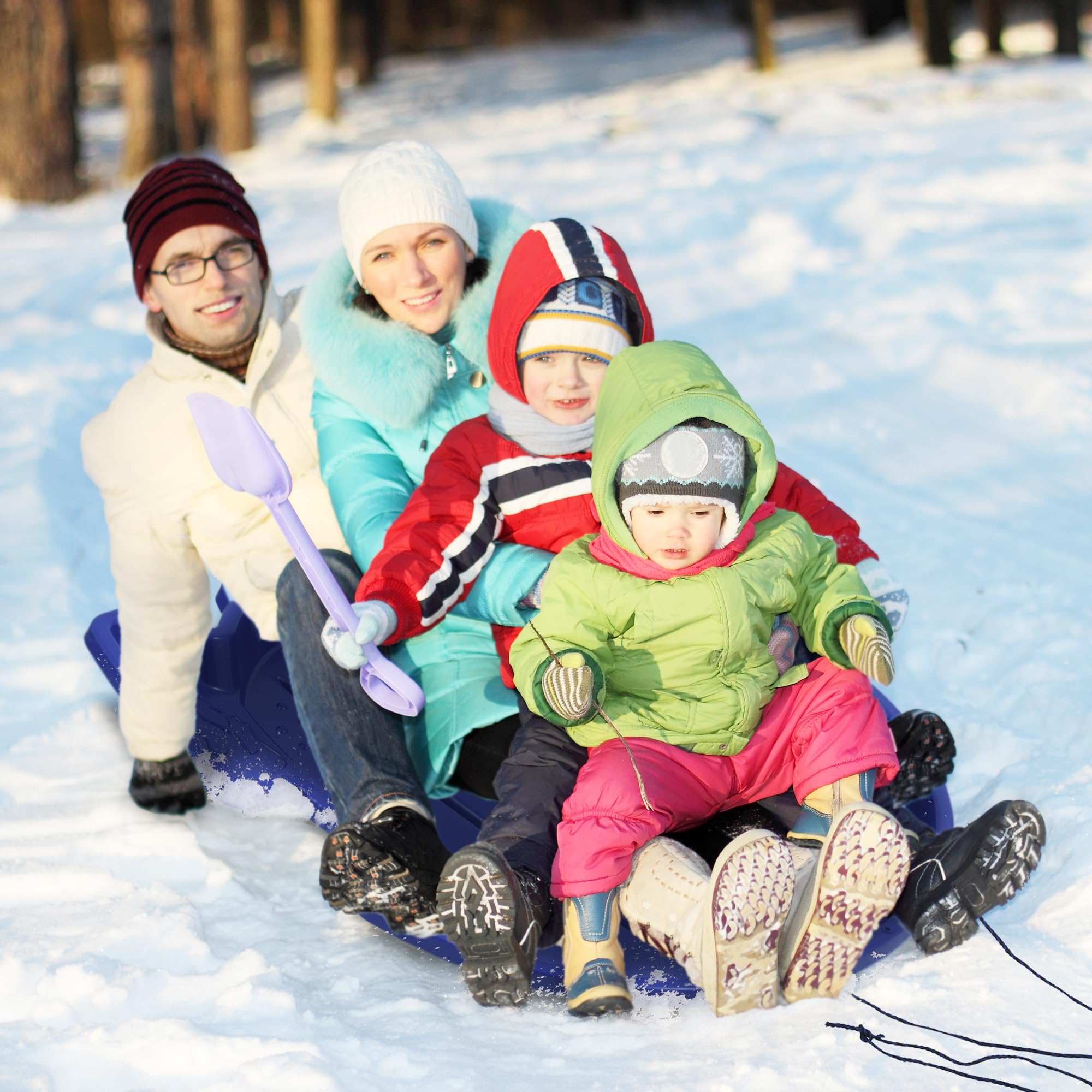 Superio Downhill Snow Saucer Sled 37" Snow Slider for 4 Riders, Huge Round Plastic Sled with Pull Ropes for Kids and Adults, Blue Disc Sled