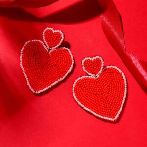 Heart Earrings for Women Hypoallergenic Beaded Statement Dangle Earrings Boho Handmade Red Love Heart Bead Drop Dangling Earrings Valentine’s Day Earrings Jewelry Gift