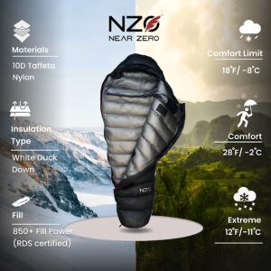 NZ 20F Mummy 850 Power Down Fill Ultralight Sleeping Bag. Premium Lightweight Quality Materials with Full Hood, Compression Carrying Bag and Mesh Storage Sack. Short Length.