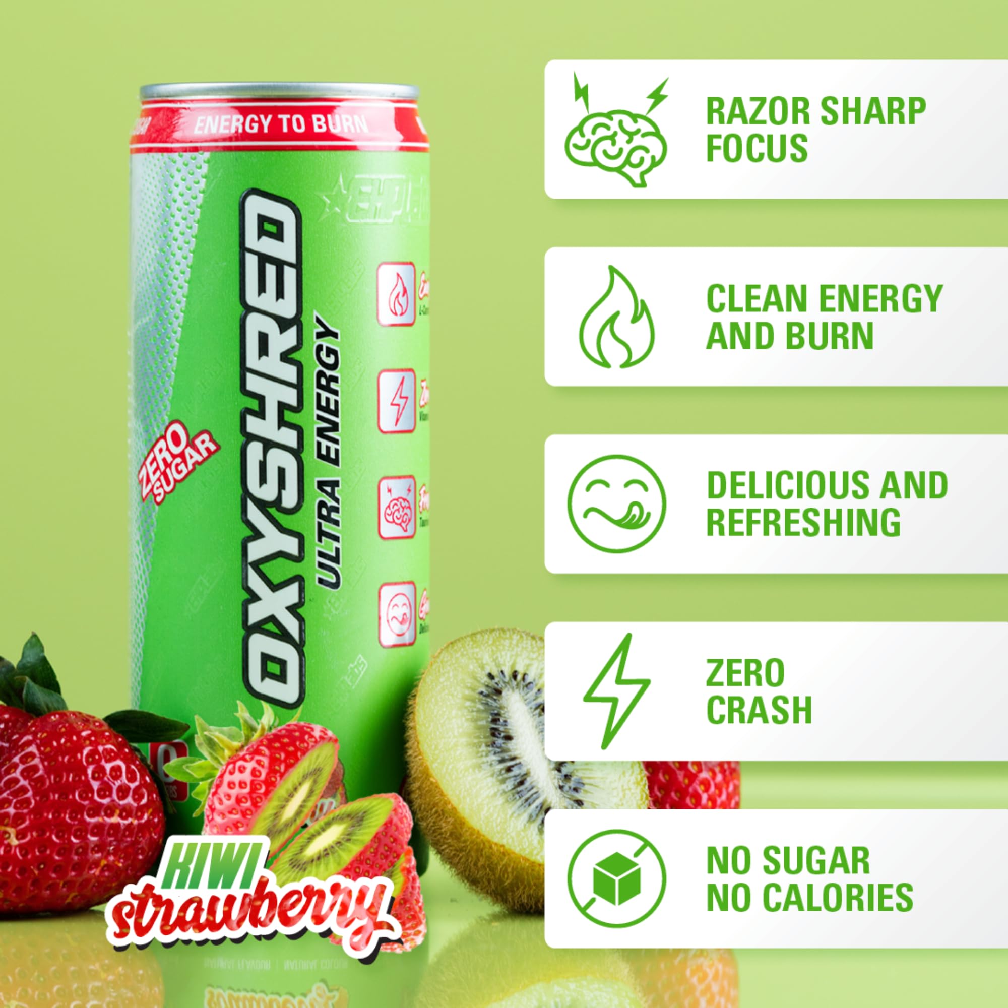 EHP Labs OxyShred Healthy Energy Drink - Zero Sugar Energy Drinks with Amino Acids, Green Tea Extract, Vitamin C & L Carnitine - Zero Carbs, Zero Calories, Clean Caffeine, Kiwi Strawberry (12-Pack)