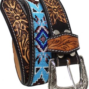 39-40 Unisex 1.5" Western Floral Tooled Beaded Full-Grain Leather Belt 26RT24B