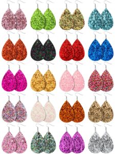 hicarer 20 pairs glitter teardrop earrings bulk leather lightweight leaf dangle earring fashion jewelry for women(bling color)