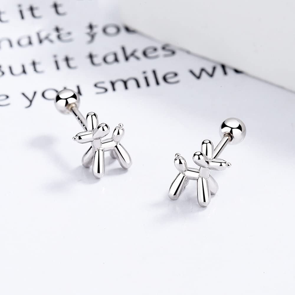 18G Cute Balloon Dog Cartilage Stud Earrings 925 Sterling Silver Gold Plated Lovely Animal Pet Tragus Helix Earring Conch Daith Piercing Studs Post Barbell Bar for Women Hypoallergenic (White Gold)