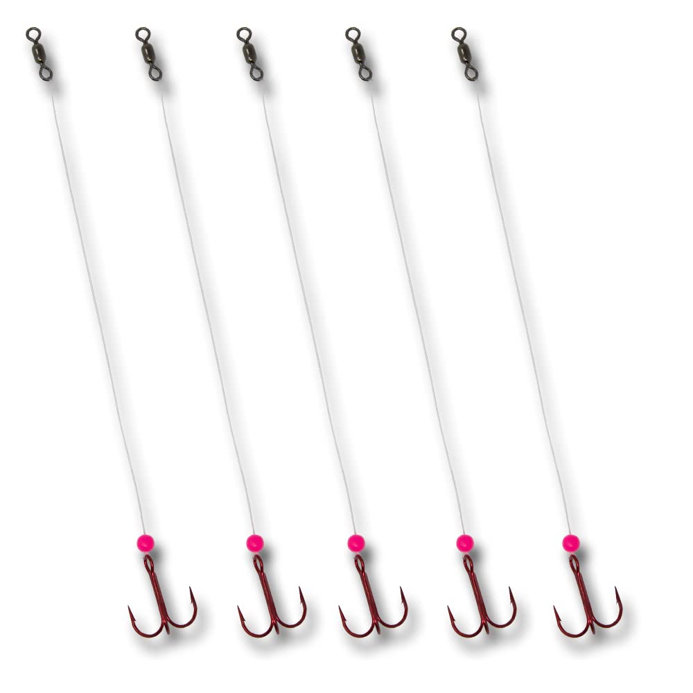 Tooth Shield Tackle Ice Fishing Fluorocarbon Walleye Tip Up Leader/Rig (15 lb) Ice Fishing Walleye Predator Rig (5 Pack) [Pink Bead] (#6)