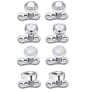 piercingpops 8pcs 14g stainless steel cubic zirconia/opal dermal anchor tops and base microdermals for body piercing (8pcs-4mmtop)