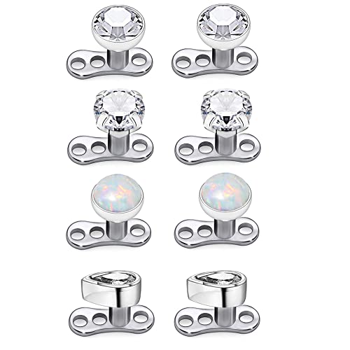 Piercingpops 8Pcs 14g Stainless Steel Cubic Zirconia/Opal Dermal Anchor Tops and Base Microdermals for Body Piercing (8PCS-4mmTop)