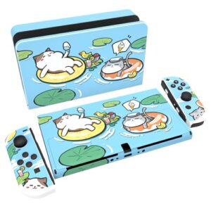 playvital full set protective stickers for nintendo switch oled model, customized vinyl decal skins for switch oled console & joycon & dock & grip - pool party kitten